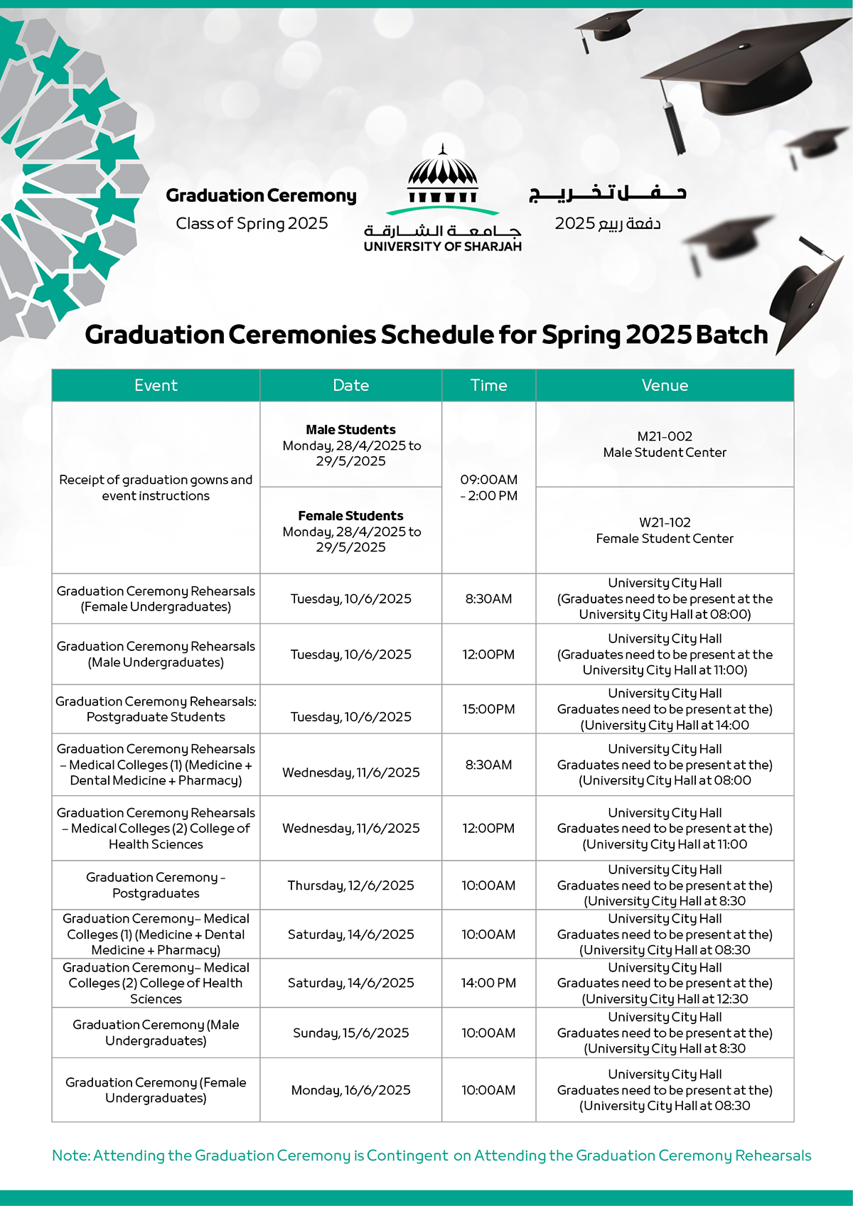 Graduation Ceremonies Schedule for Spring 2025 Batch